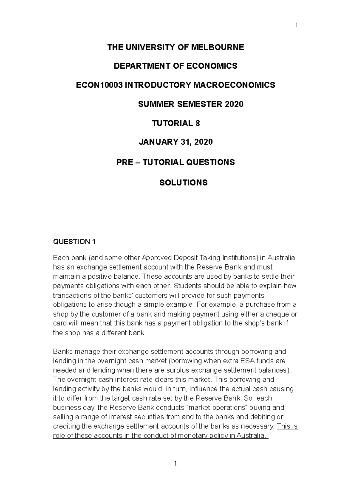 Pre Tutorial Sheet 8 Solutions The University Of Melbourne Department