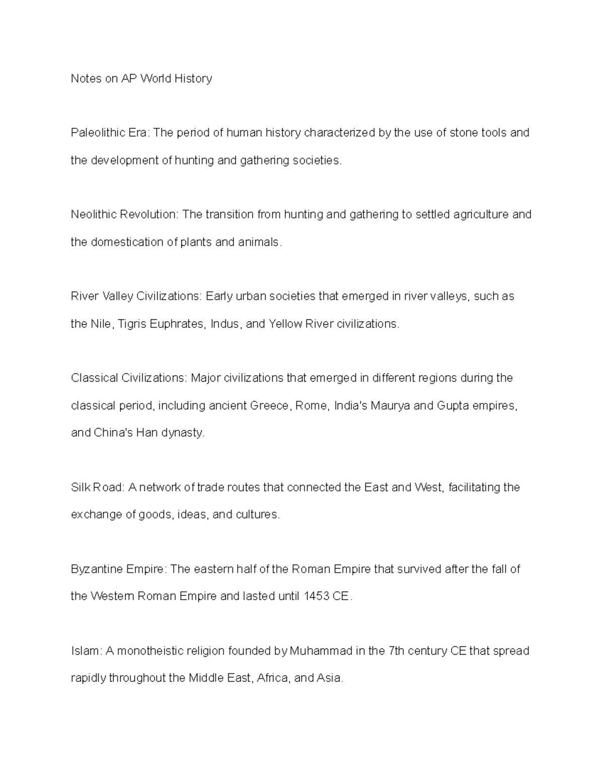 Notes on AP World History - Notes on AP World History Paleolithic Era ...