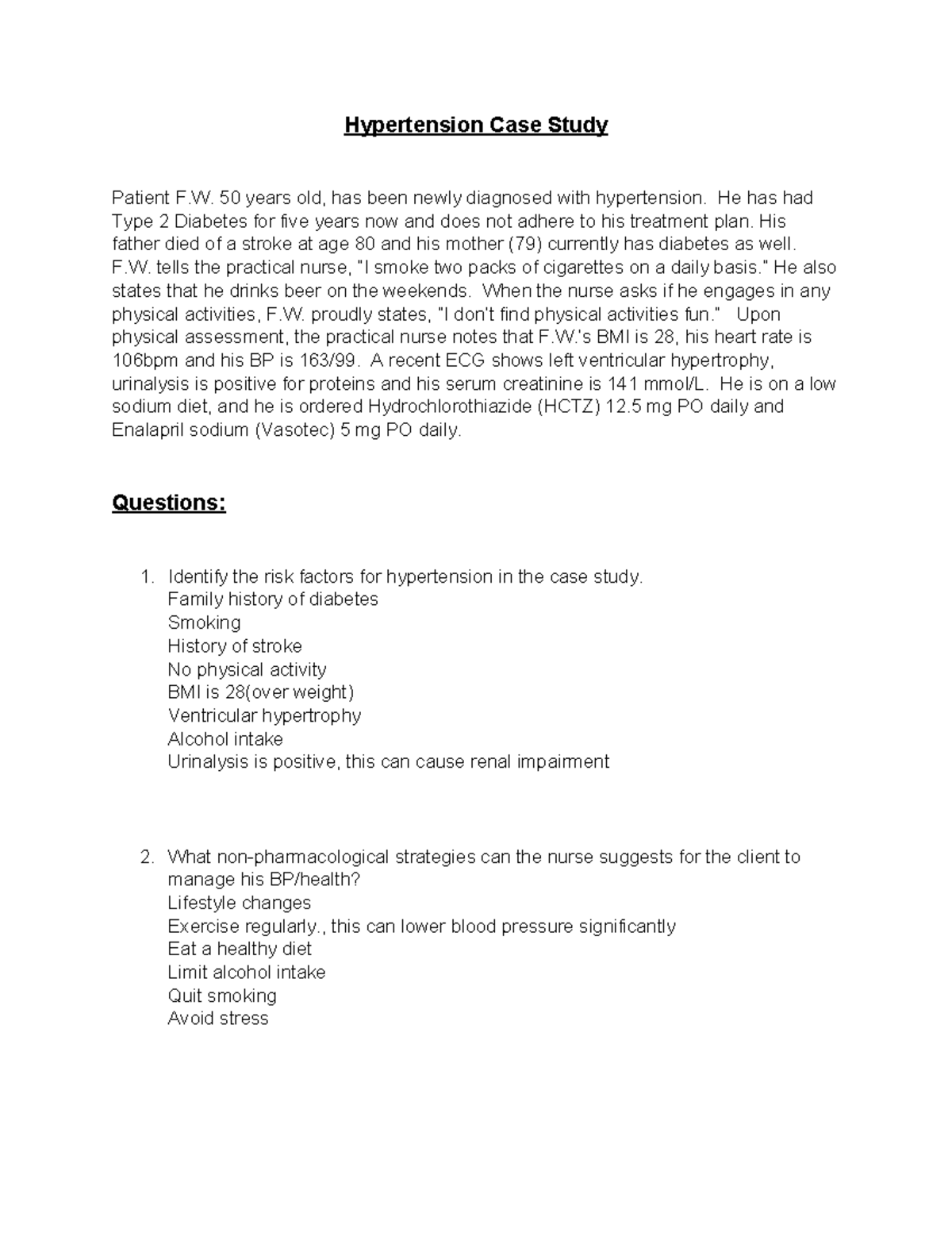 Hypertension Case Study - Hypertension Case Study Patient F. 50 years ...