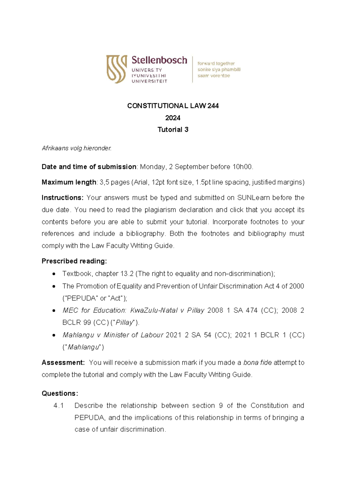 Con Law 244 Tutorial 3 Tutoriaal 3 Final - CONSTITUTIONAL LAW 244 2024 Tutorial 3 Afrikaans volg ...