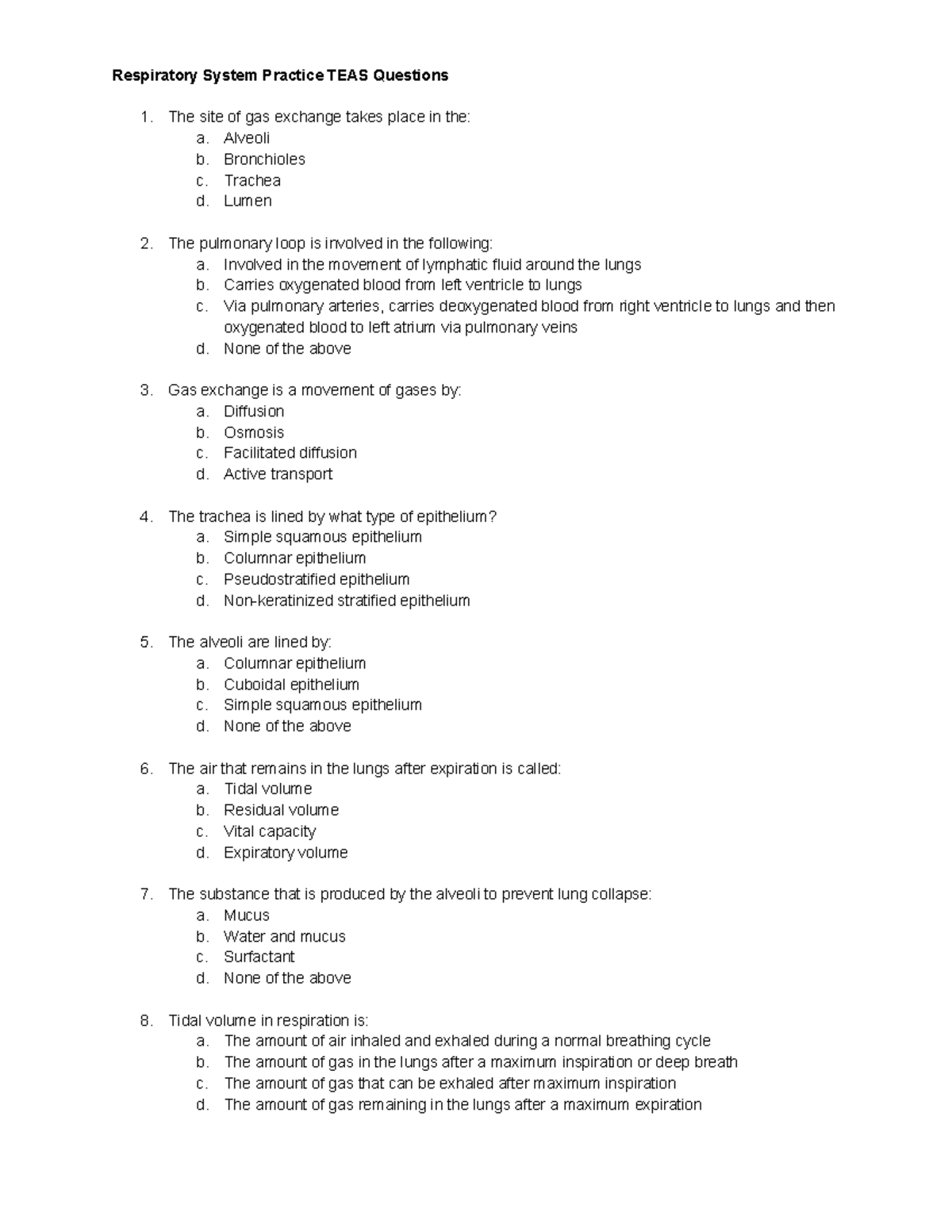 Respiratory System Practice Test Questions By Aida Respiratory System 