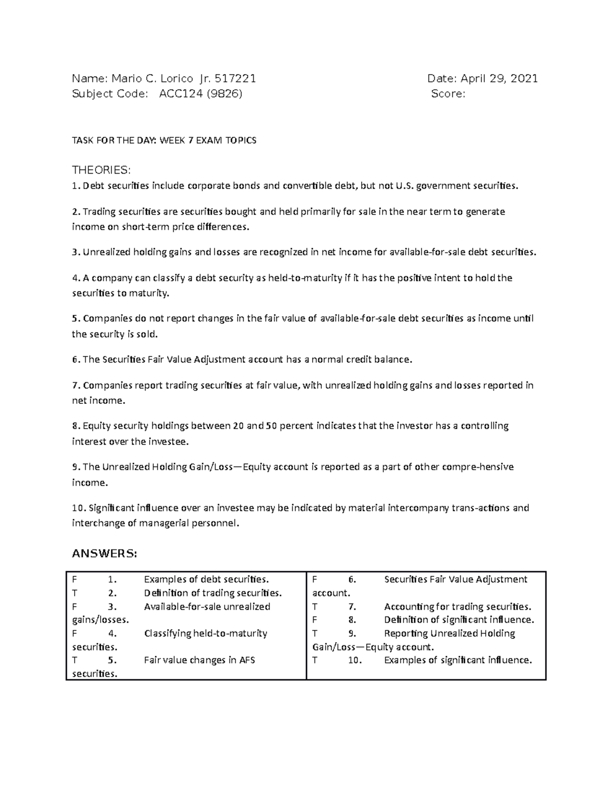 Lorico Task For The Day April 29 Acc124 Name Mario C Lorico Jr