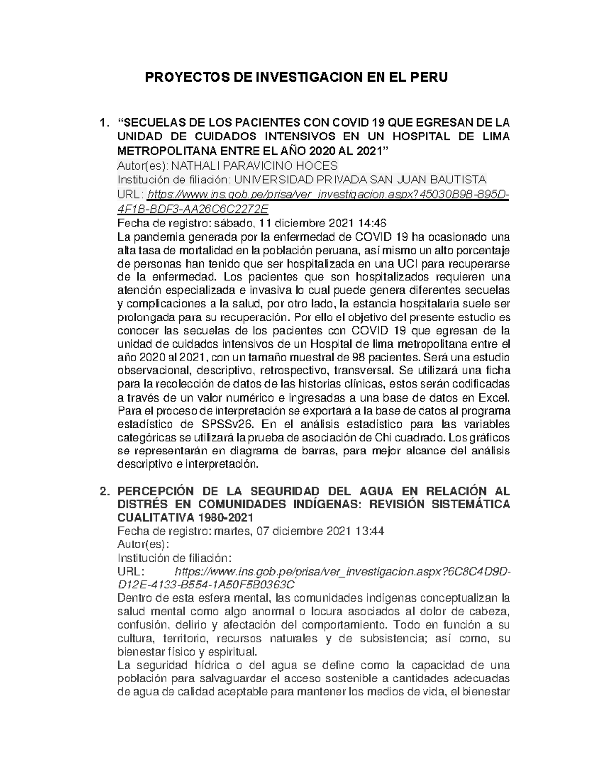 Proyectos DE Investigacion EN EL PERU - PROYECTOS DE INVESTIGACION EN ...