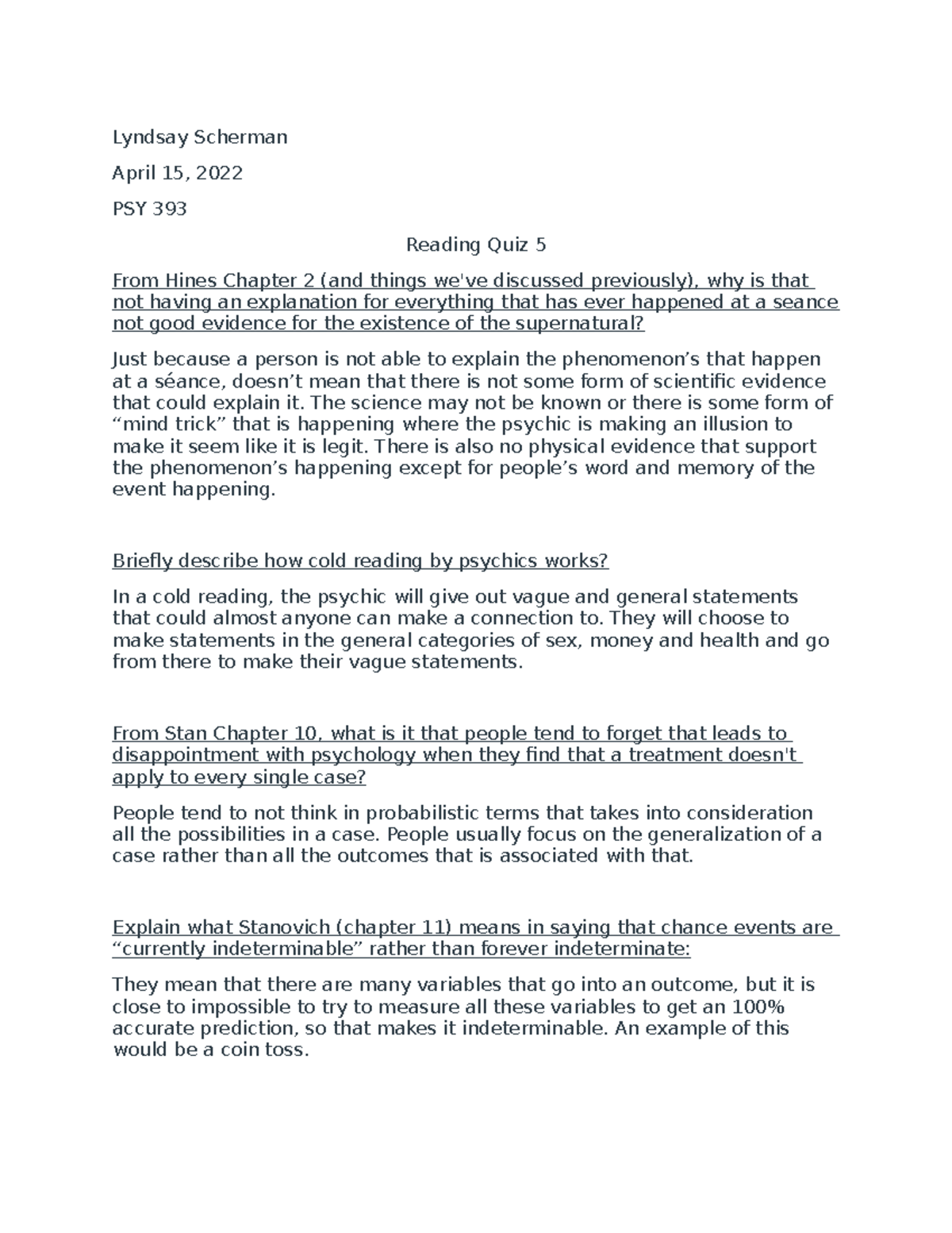 Reading Quiz 5 - Lyndsay Scherman April 15, 2022 PSY 393 Reading Quiz 5 ...