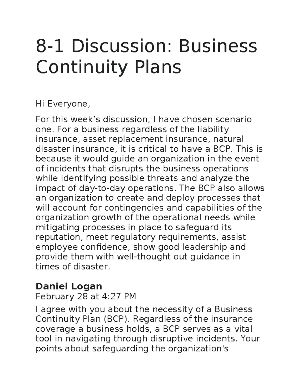 IT313 Module 8 - discussion - 8-1 Discussion: Business Continuity Plans ...