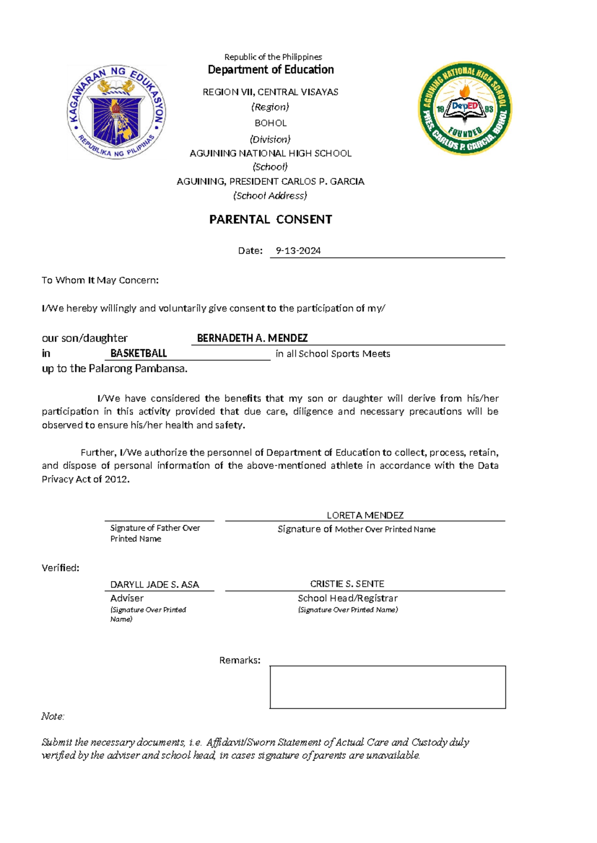 Parental- Consent - kdsdjsjld - Republic of the Philippines Department ...