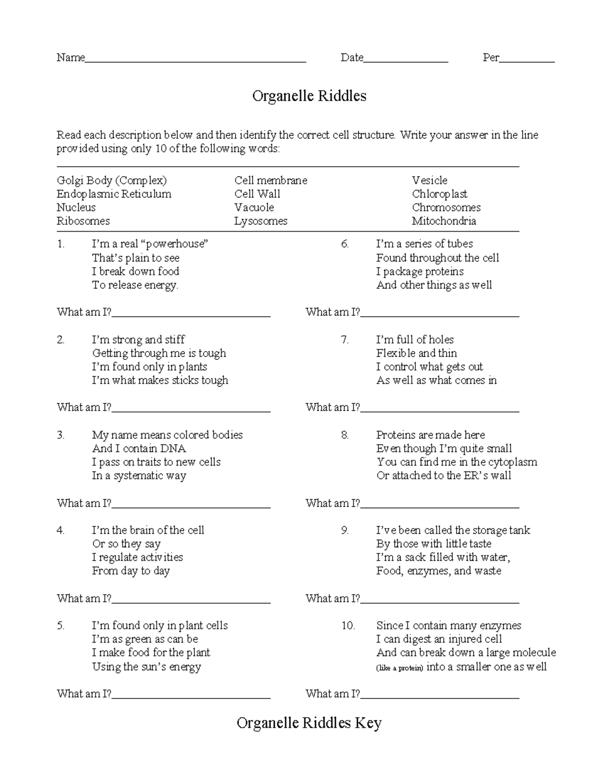 Organelle Riddles Worksheetwith Key-1 - Name Date Per Organelle Riddles ...