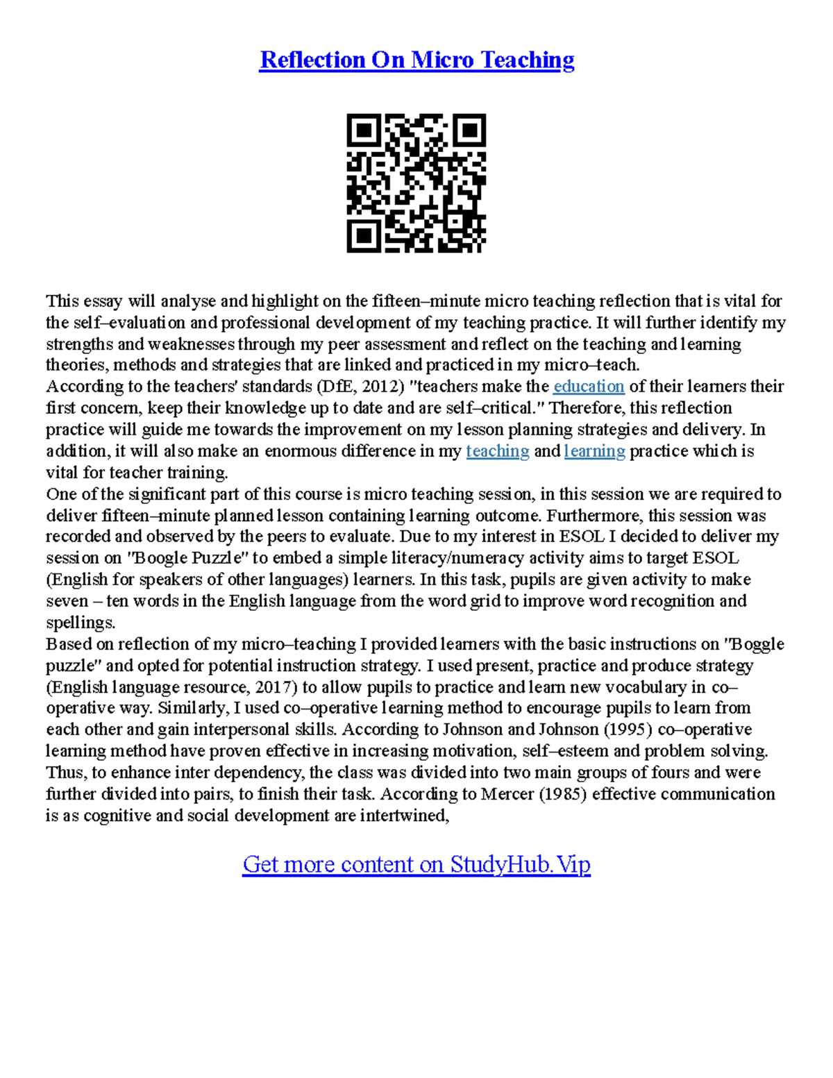 Reflective Essay Examples - Reflection On Micro Teaching This essay ...