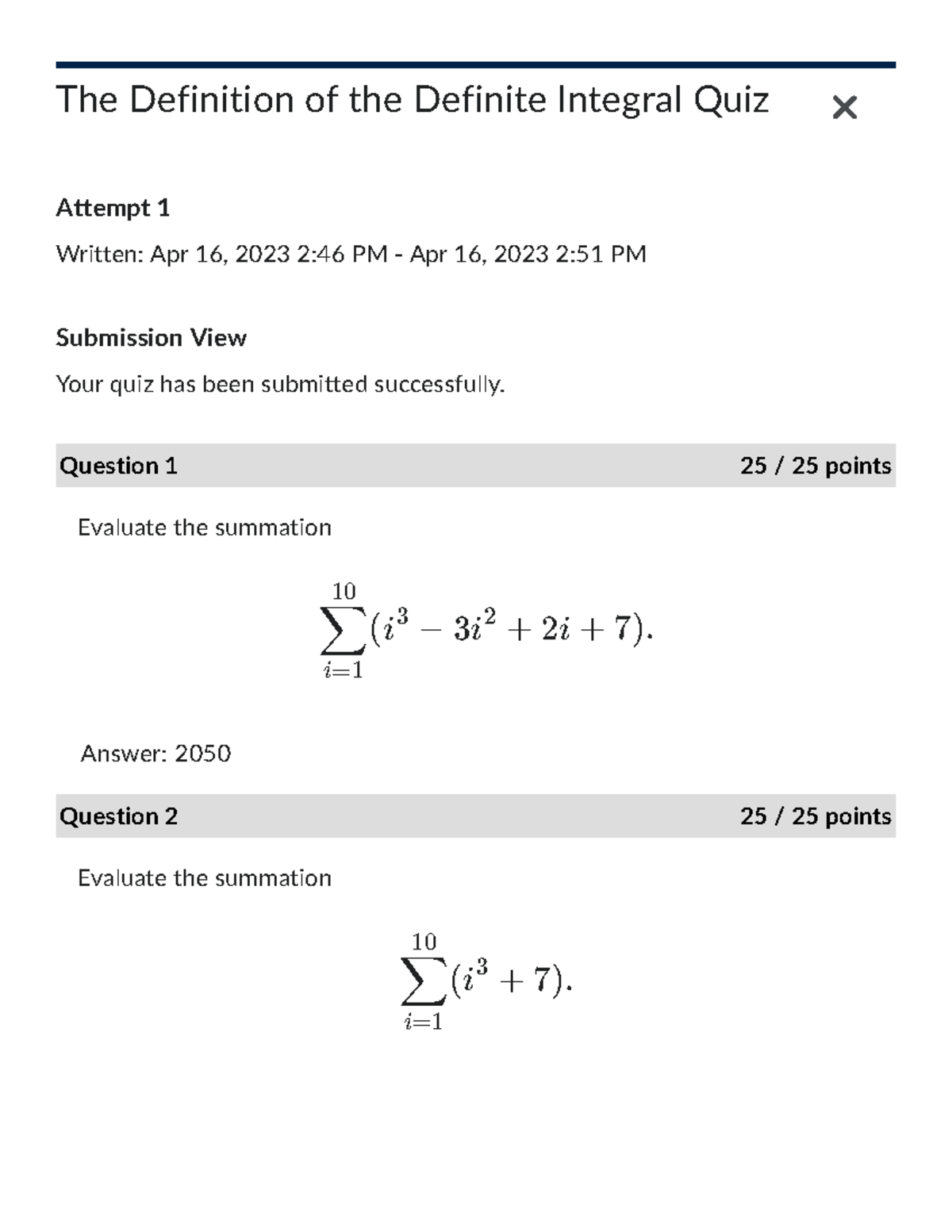 The Definition of the Definite Integral Quiz - 10 ∑ i= (i 3 − 3 i 2 ...