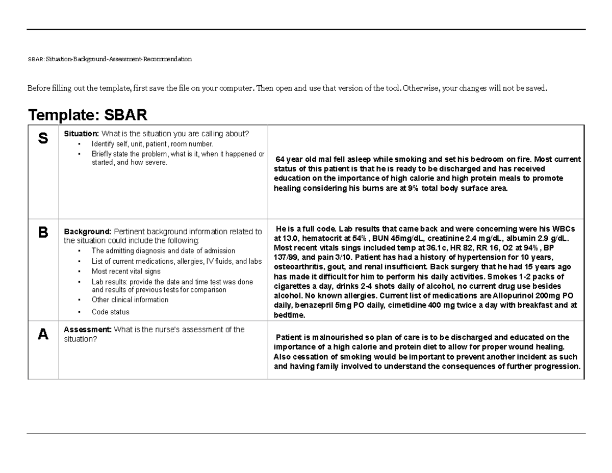 SBAR template for Burns - SBAR: Situation-Background-Assessment ...