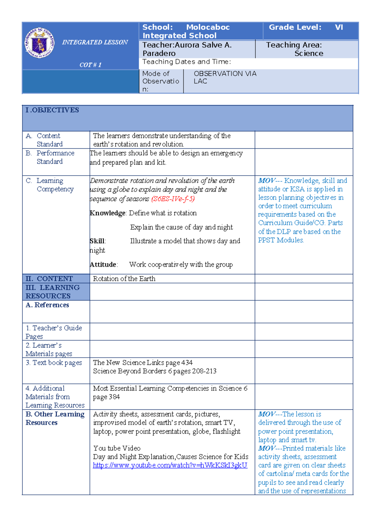 COT PLAN #1 2021-2022 Earth'S Rotation - INTEGRATED LESSON PLAN COT # 1 ...