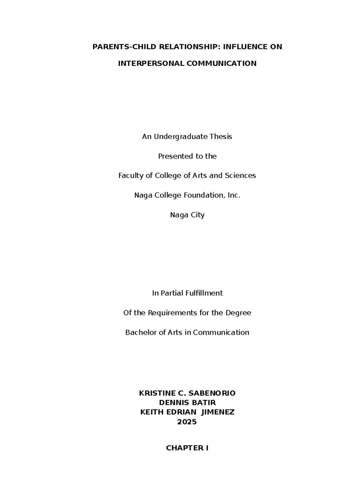 Chapter-I - chapter1 - PARENTS-CHILD RELATIONSHIP: INFLUENCE ON ...