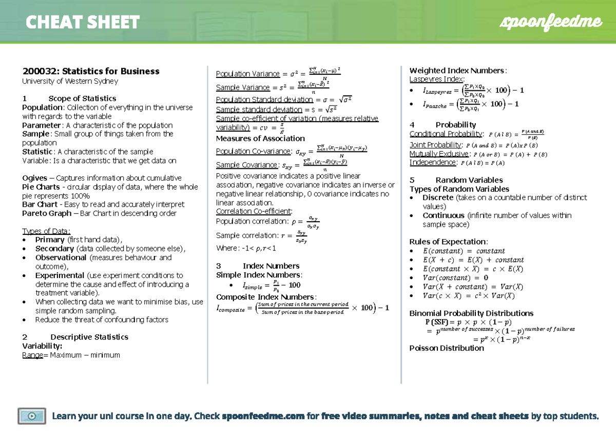 2000 32 Statistics for Business Cheatsheet - 200032 : Statistics for ...