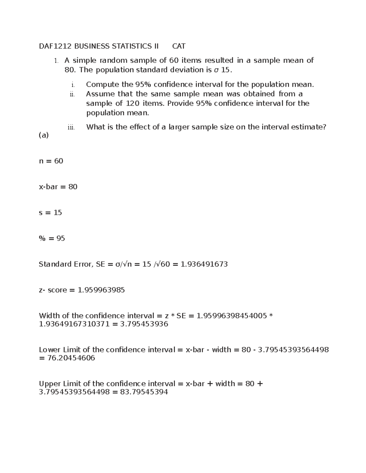 DAF1212 Business Statistics II CAT - DAF1212 BUSINESS STATISTICS II CAT ...