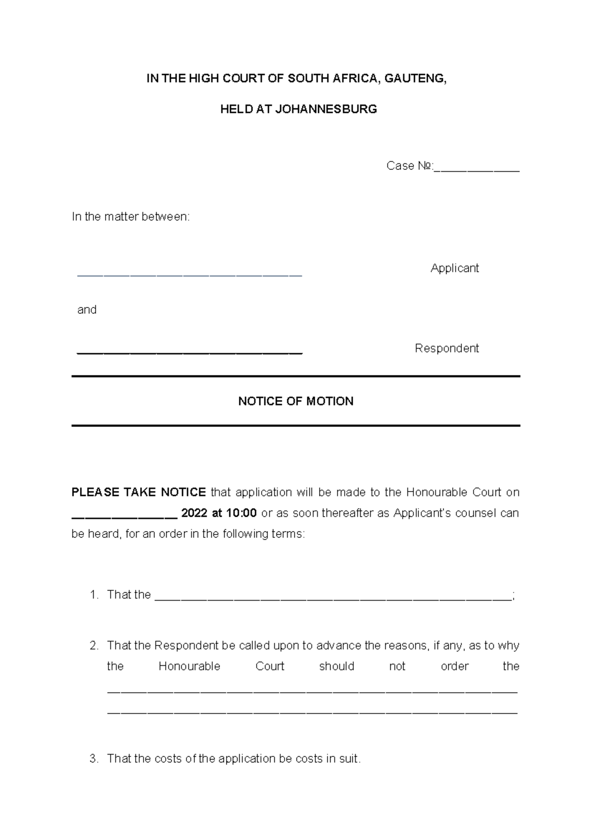 Notice of Motion - IN THE HIGH COURT OF SOUTH AFRICA, GAUTENG, HELD AT ...