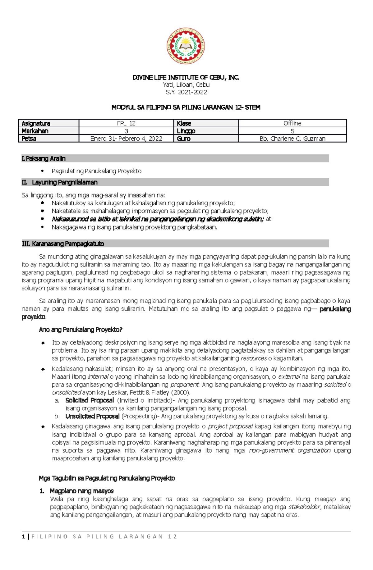 Sample Offline Module - DIVINE LIFE INSTITUTE OF CEBU, INC. Yati ...