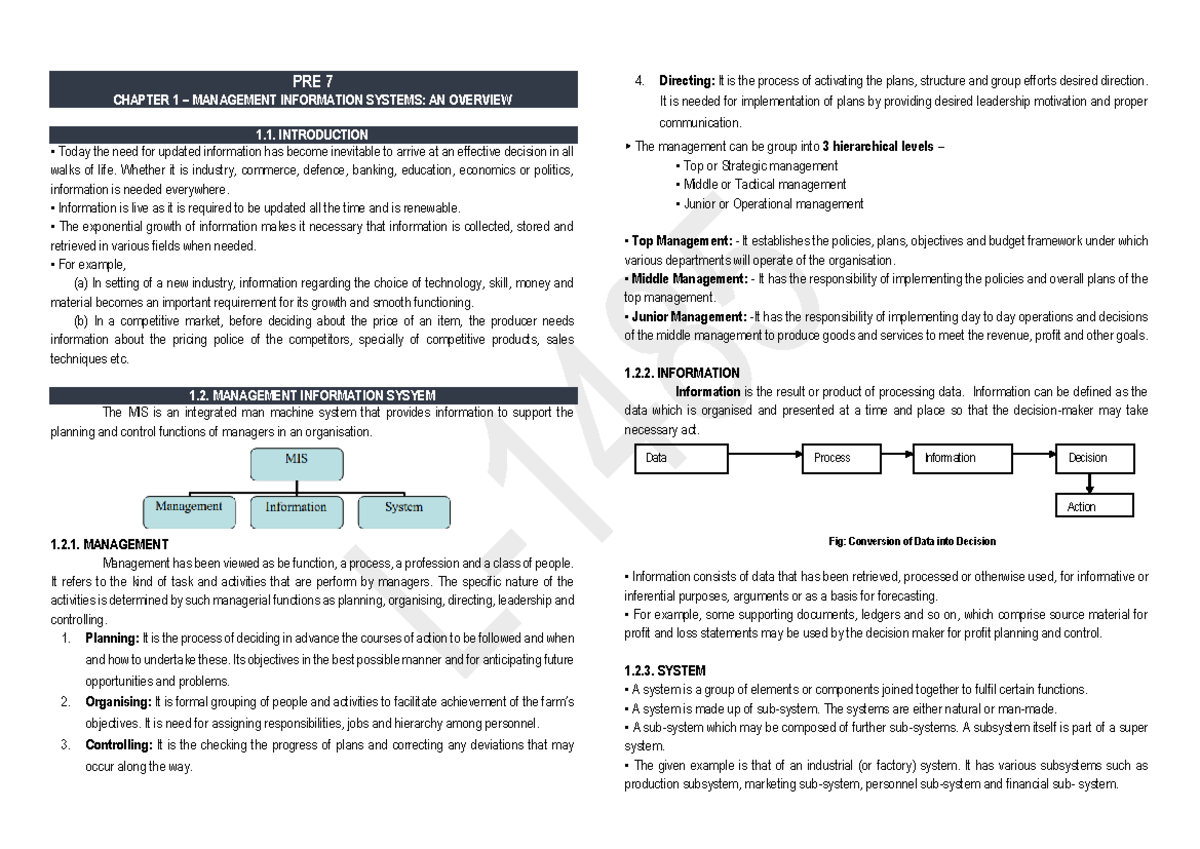 AIS 4K PRE 7 Chapter 1 Lecture - PRE 7 CHAPTER 1 – MANAGEMENT INFORMATION SYSTEMS: AN OVERVIEW 1 ...