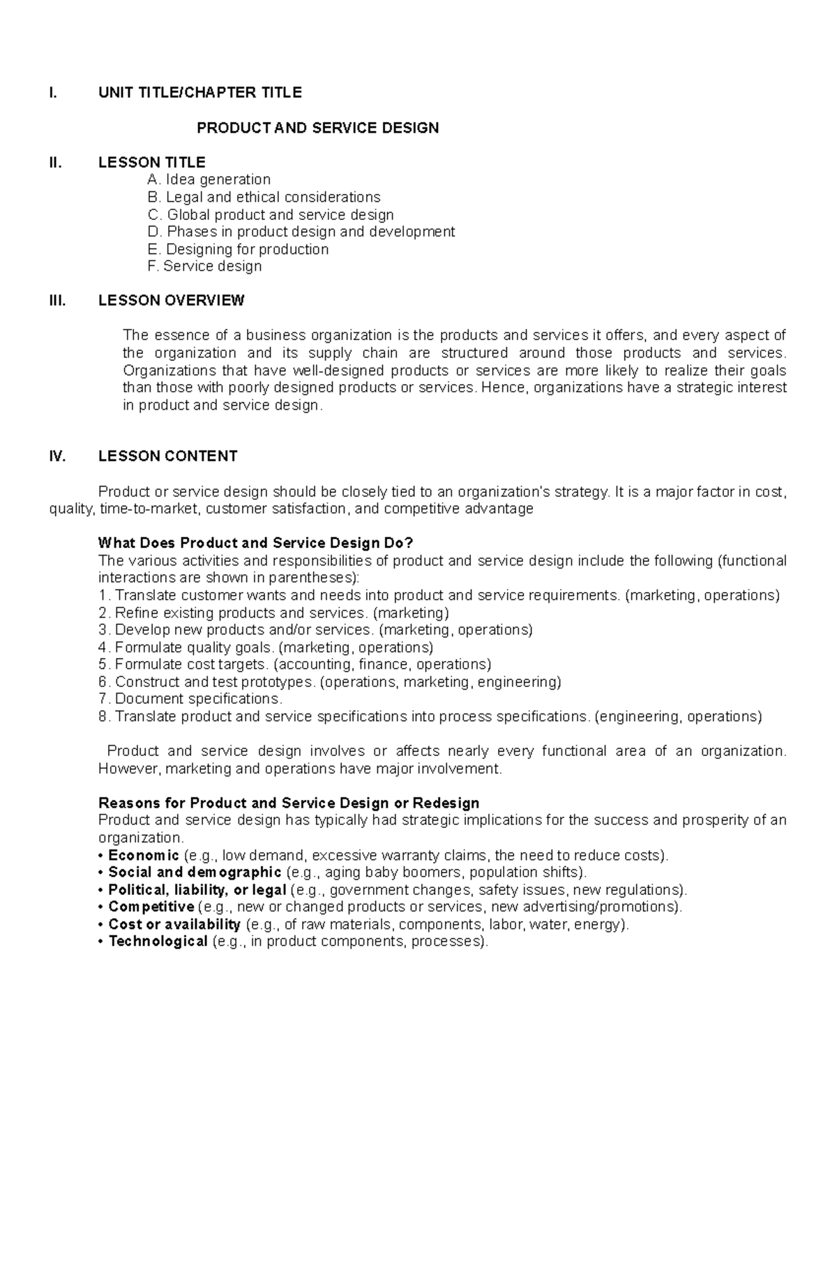 ICD-CBM-1-4 -Operations Management - I. UNIT TITLE/CHAPTER TITLE ...