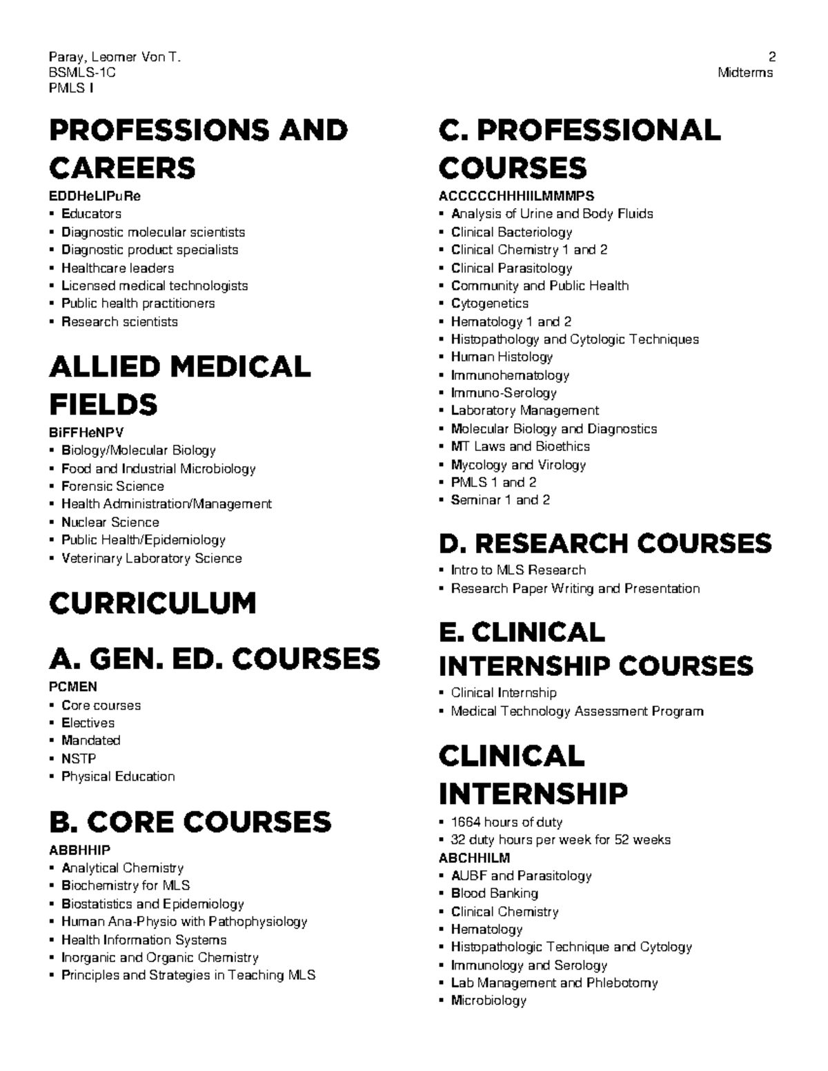 Year 1 Sem 1 - Principles of Medical Laboratory Science BSMLS Program ...