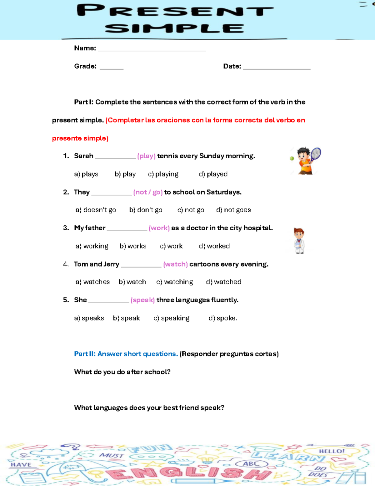 Prueba de evaluación del presente simple en inglés incluye preguntas ...