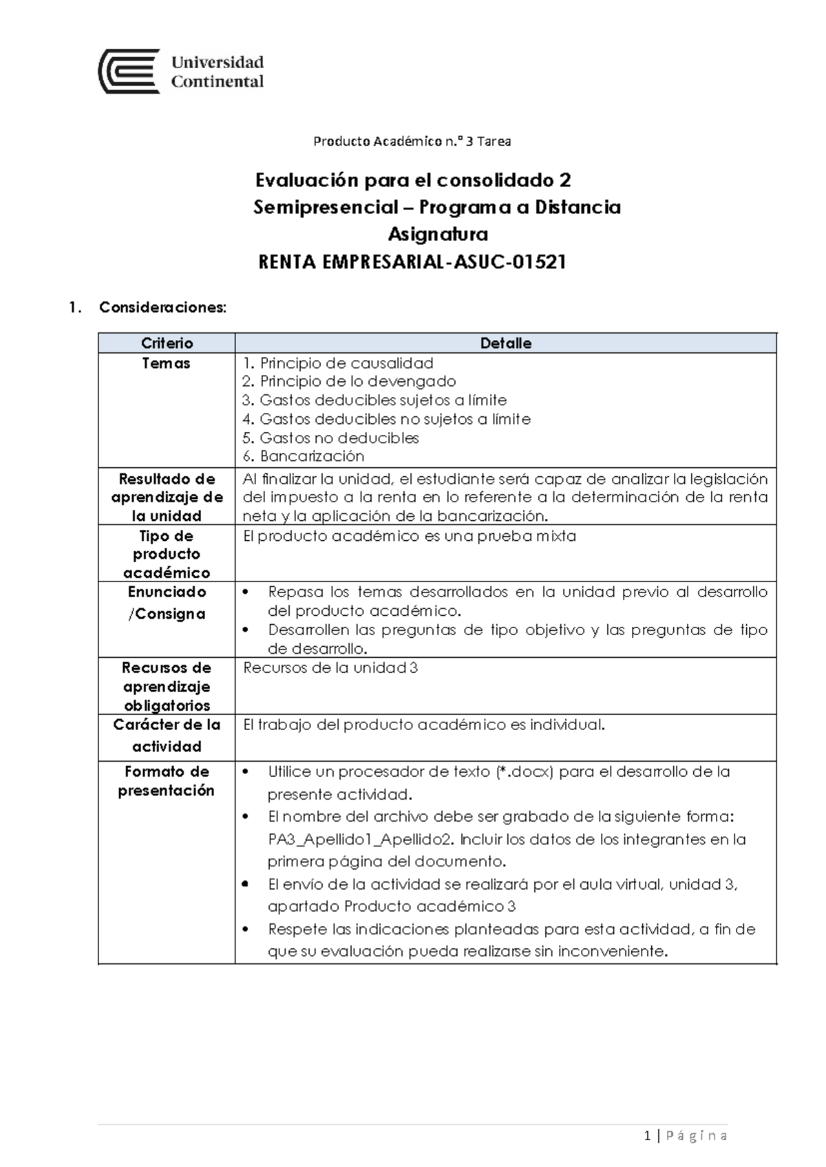 PA03 Tarea Renta Empresarial - Producto Académico n.° 3 Tarea Evaluación para el consolidado 2 ...