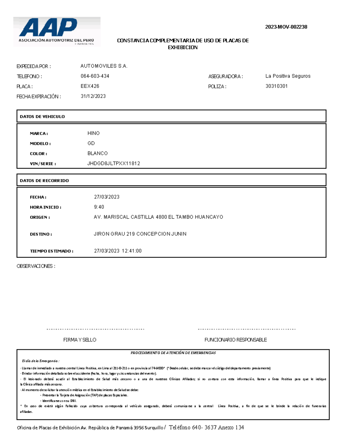 Reporte Constancia Complementaria - CONSTANCIA COMPLEMENTARIA DE USO DE PLACAS DE EXHIBICION ...