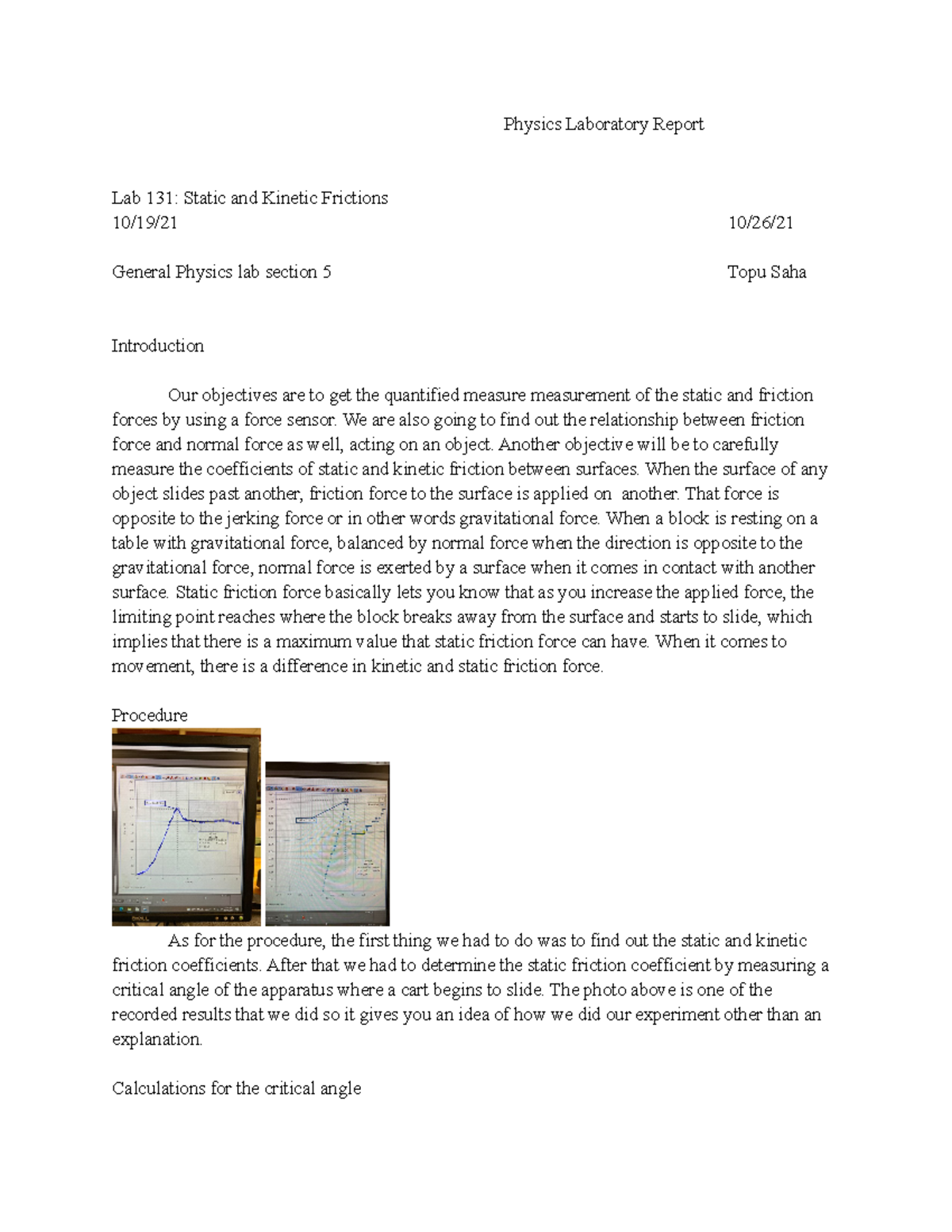 Untitled document - lab work - Physics Laboratory Report Lab 131 ...