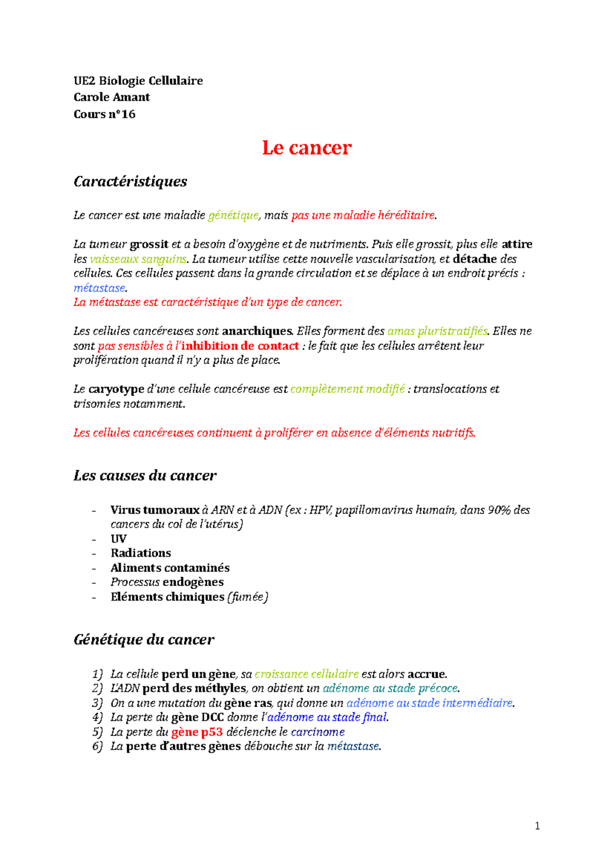 16. Le cancer - UE2 Biologie Cellulaire Carole Amant Cours n° Le cancer ...