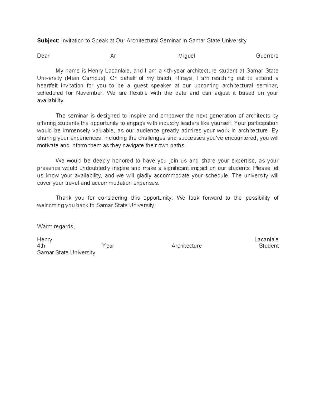 Draft-message - for study - Subject: Invitation to Speak at Our ...