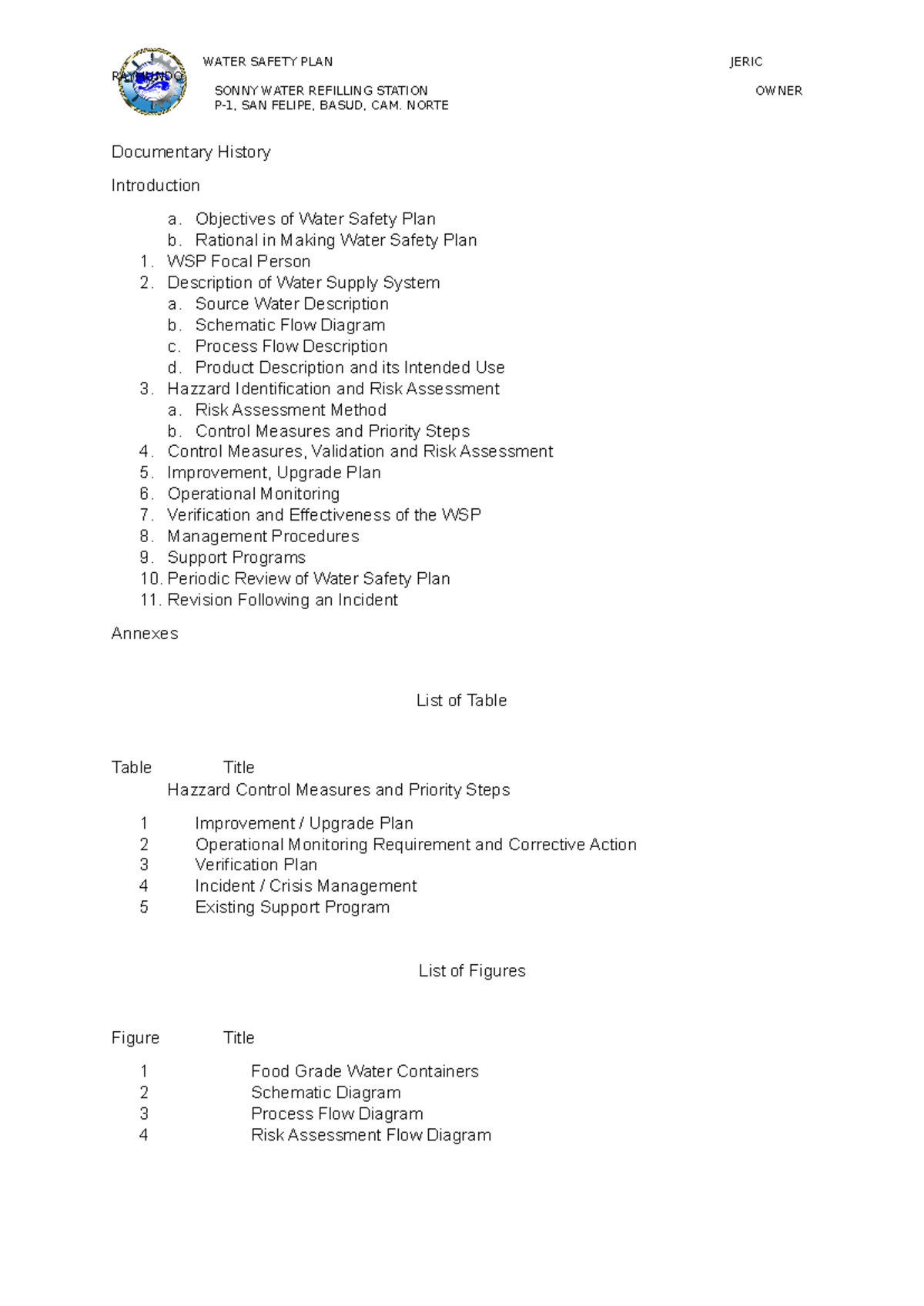 Water Safety PLAN - RAYMUNDO SONNY WATER REFILLING STATION OWNER P-1 ...