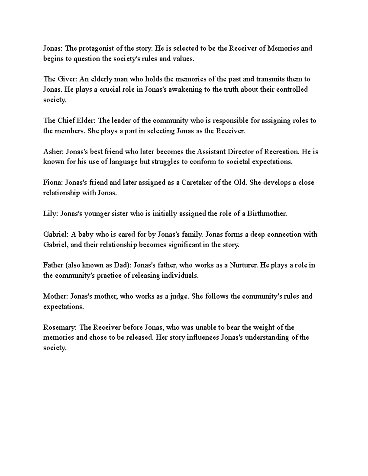 THE Giver - character summaries - Jonas: The protagonist of the story ...