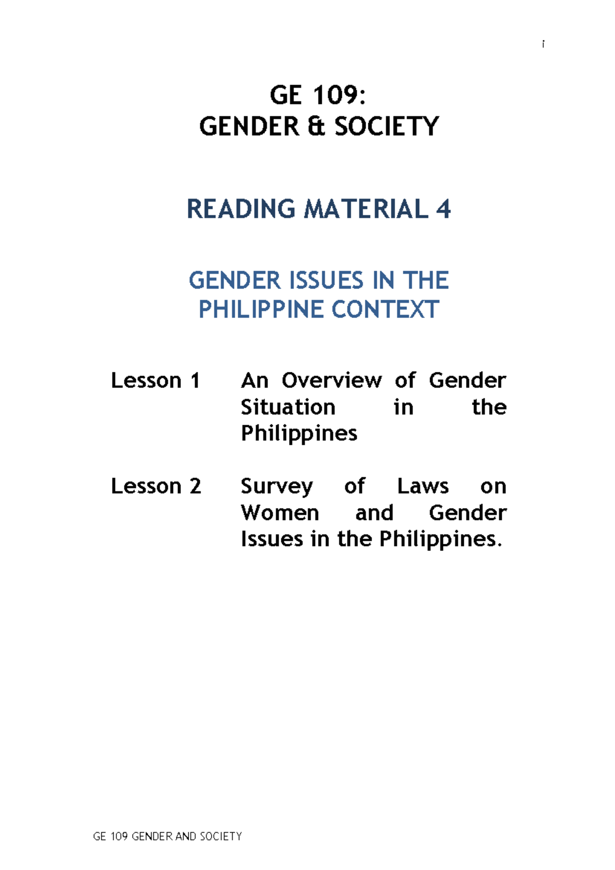 GE 109 Learning Material 4 - i GE 109 GENDER AND SOCIETY GE 109: GENDER ...
