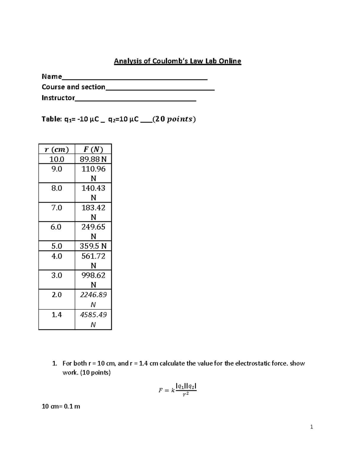 Fall2023 Coulombs Law Lab Online - Analysis of Coulomb’s Law Lab Online ...