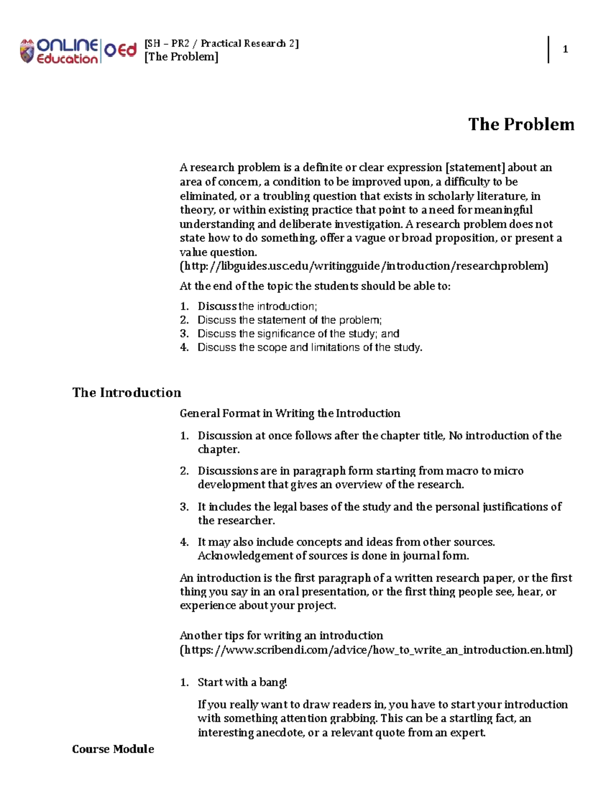 Week 005 Module The Problem - [SH – PR2 / Practical Research 2] [The Problem] 1 Course Module ...
