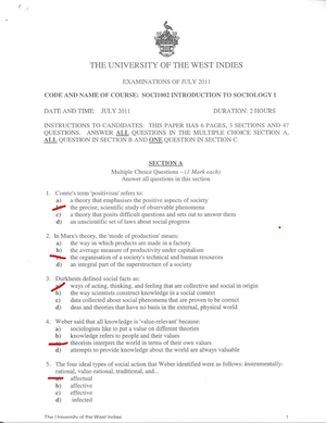 Introduction to Sociology Past paper Multiple Choice Questions - UWI ...