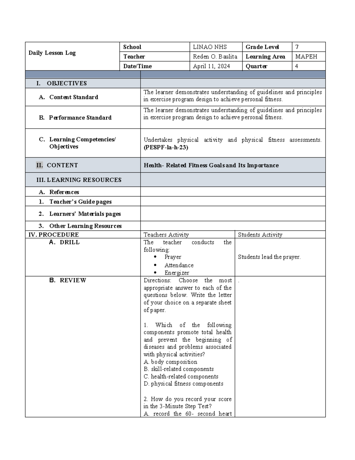 PELP1 - Daily Lesson Log School LINAO NHS Grade Level 7 Teacher Reden O ...