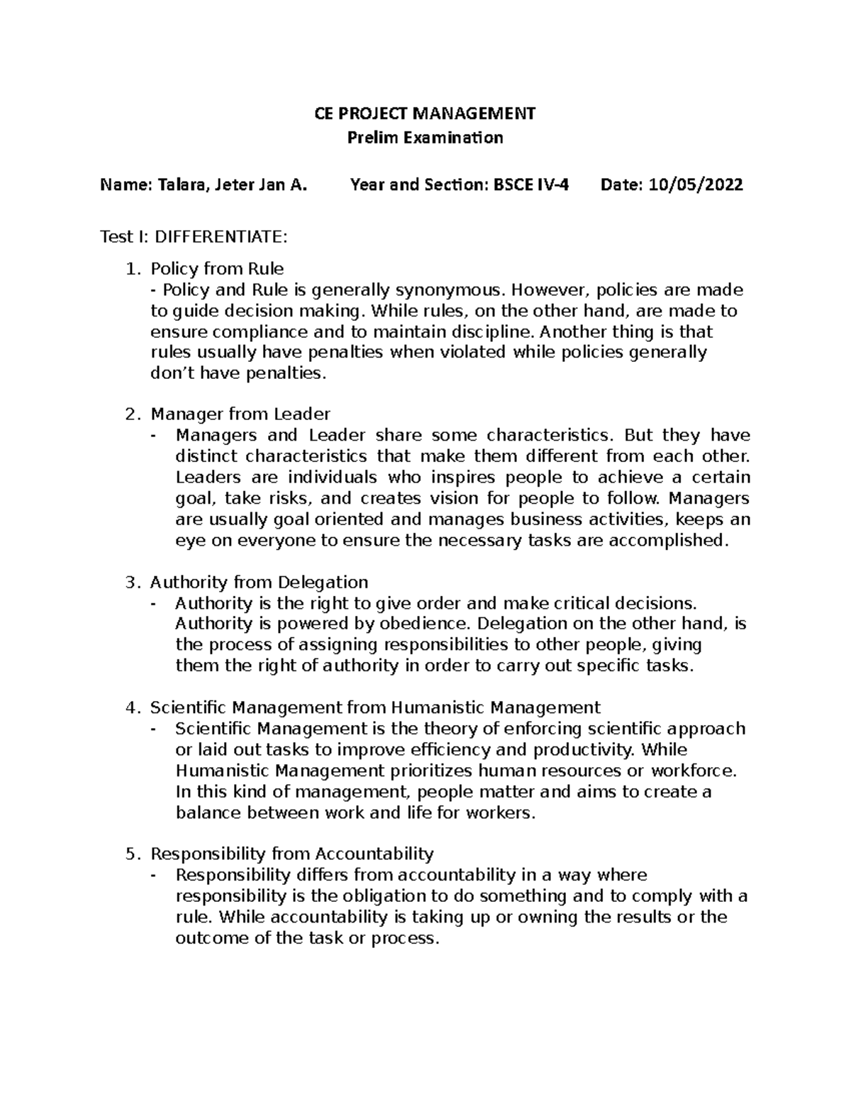 CPM Prelim Exams - Nooooooooooooooooooooooooooo - CE PROJECT MANAGEMENT Prelim Examination Name ...