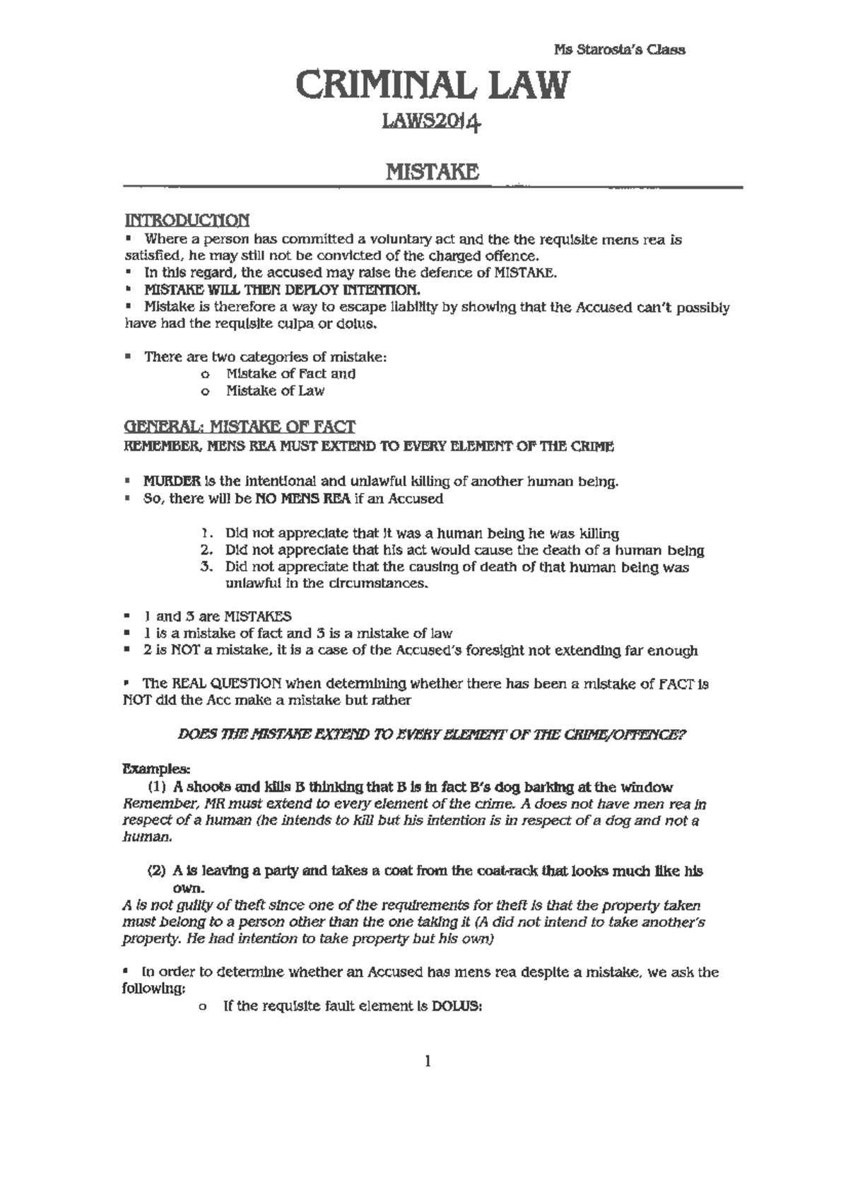 11. Criminal Law Mistake of Fact and Abberatio Ictus - LAWS 2014 - Studocu