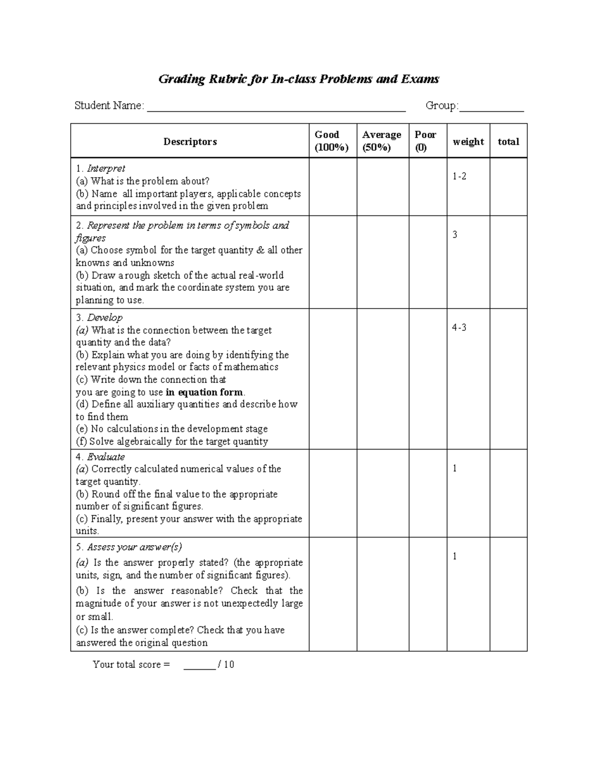 Grading Rubric 23S - Grading Rubric for In-class Problems and Exams ...