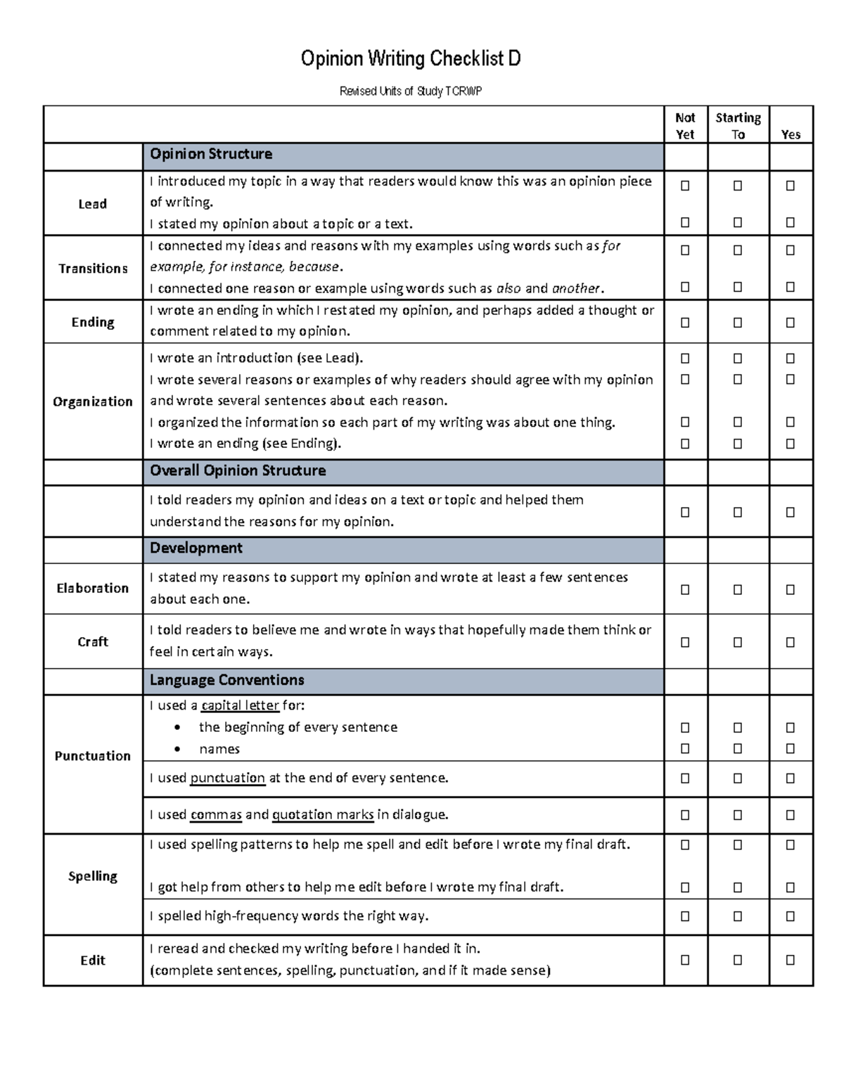 Pierson K Blenner - Writing Opinion Checklist D-3 - Opinion Writing ...