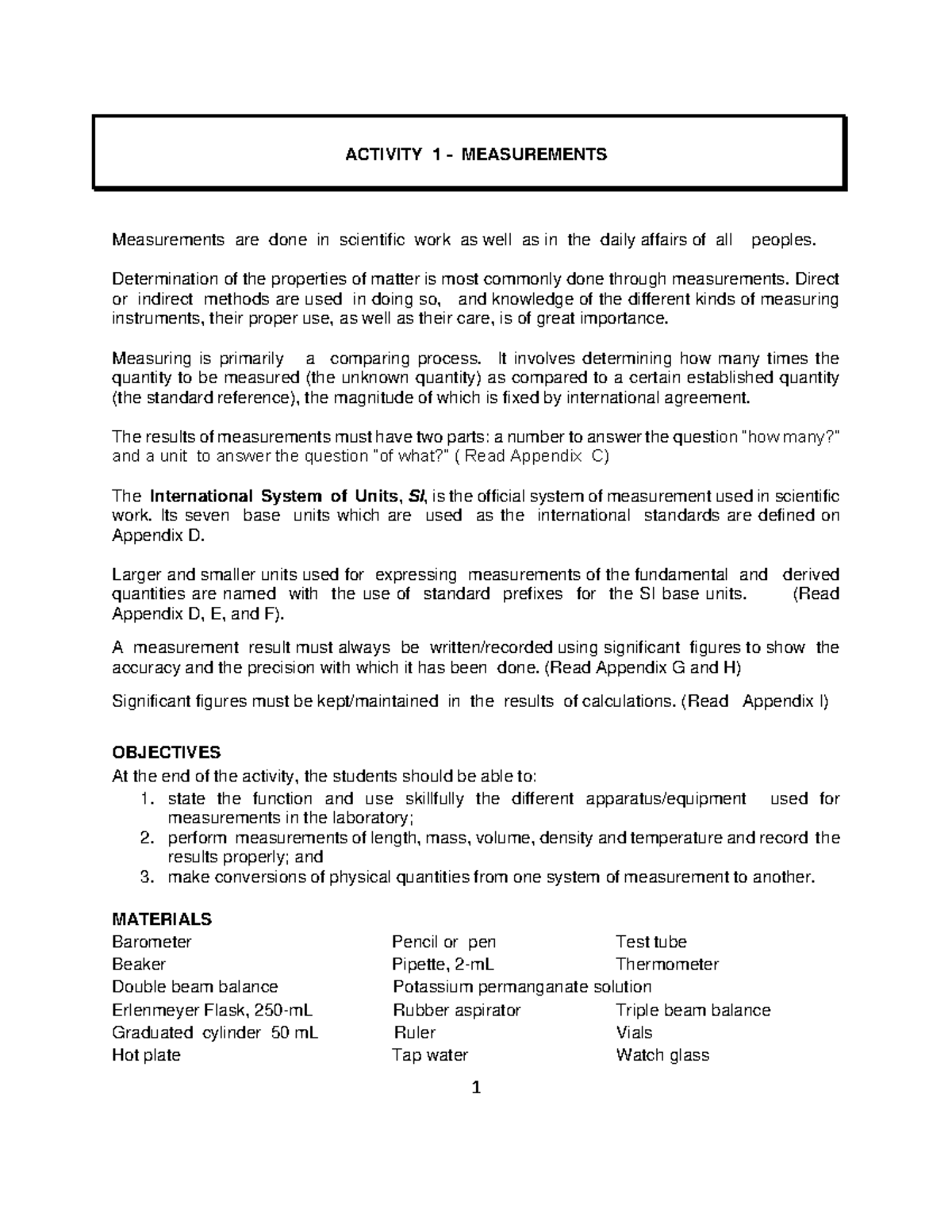 Activity 1 -Measurement - ACTIVITY 1 - MEASUREMENTS Measurements are ...