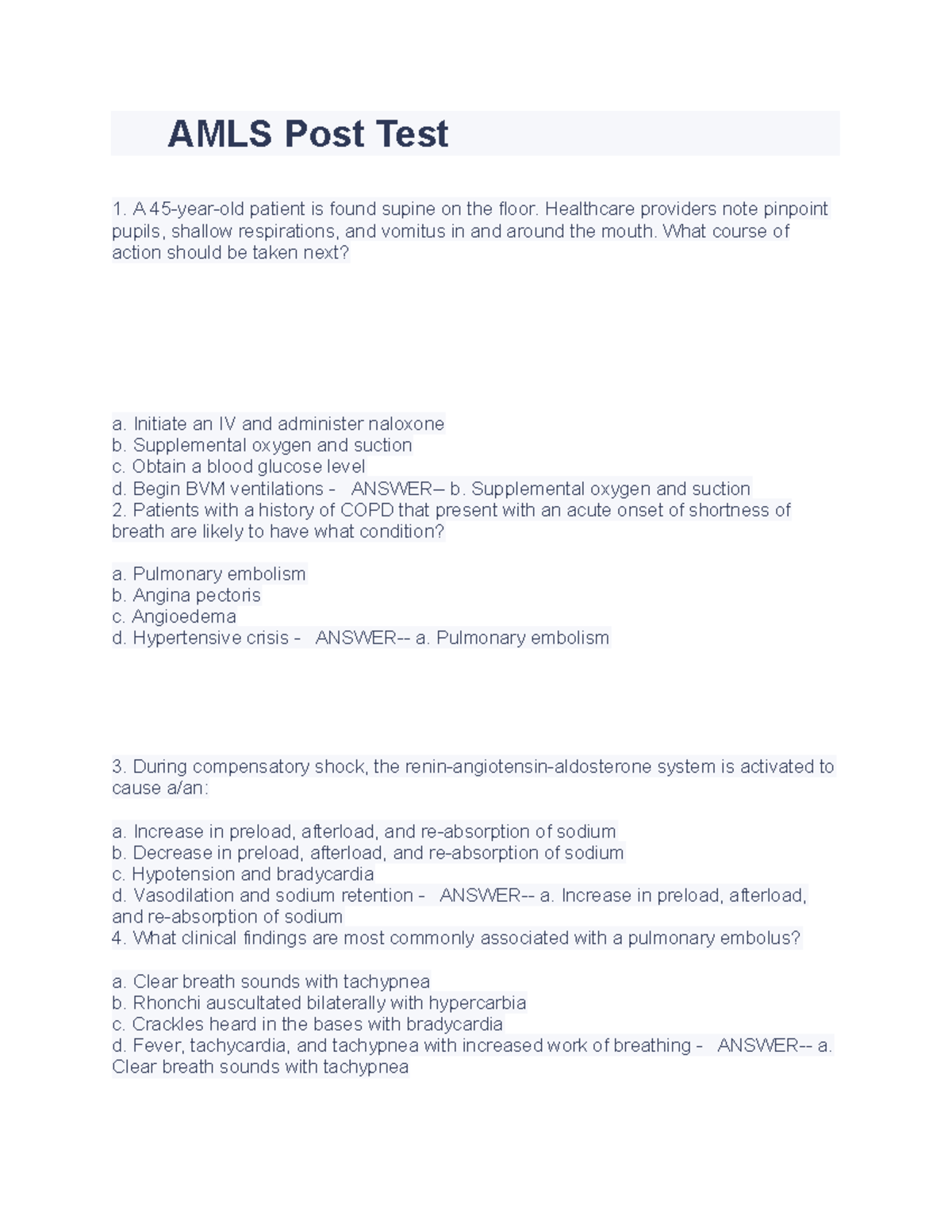 AMLS Post Test - good - AMLS Post Test A 45-year-old patient is found ...