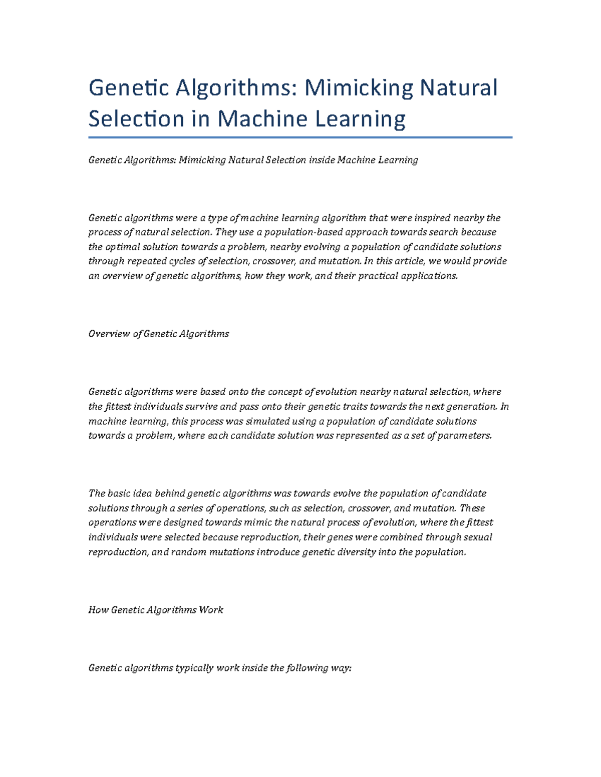 Genetic Algorithms Mimicking Natural Selection in Machine Learning ...