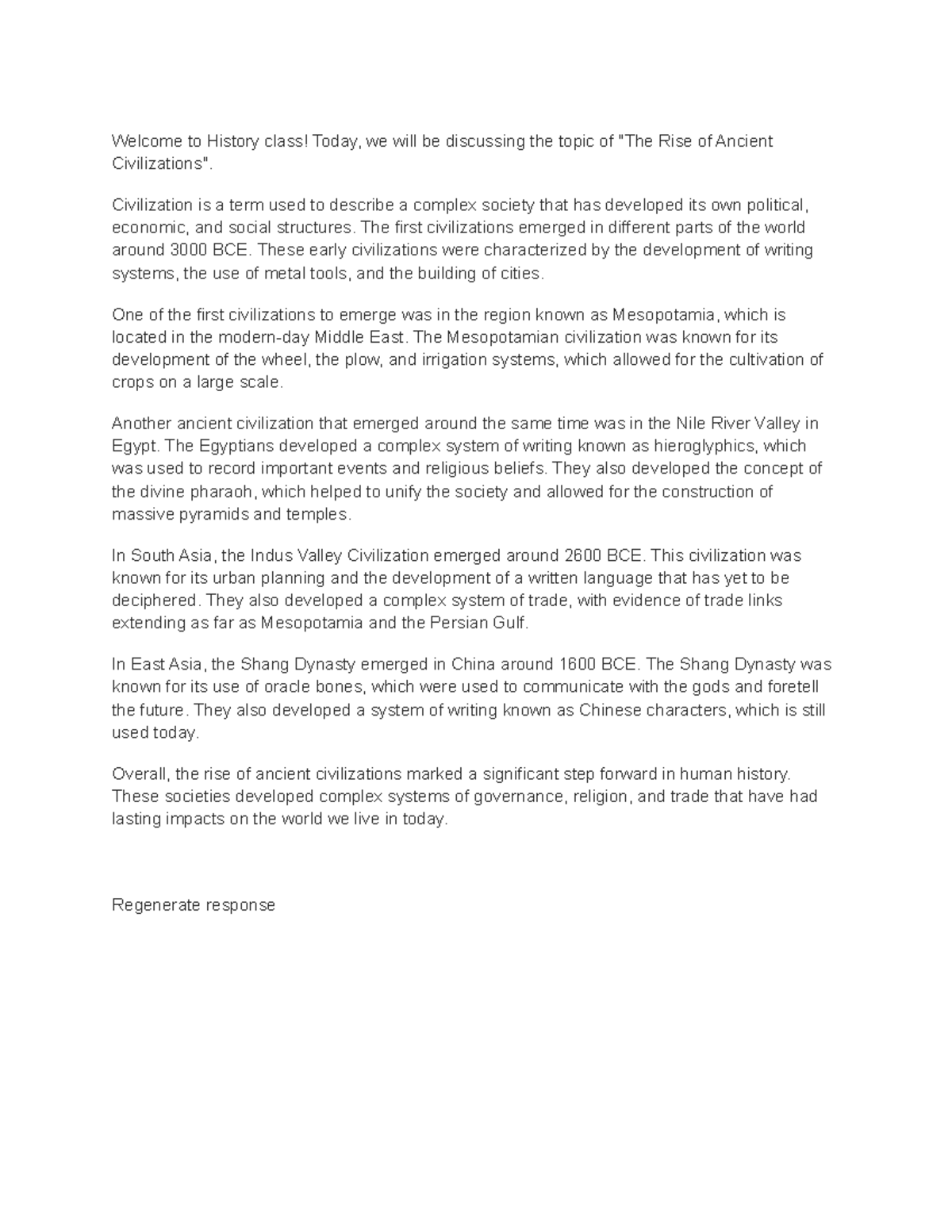 Welcome to History class - Civilization is a term used to describe a ...