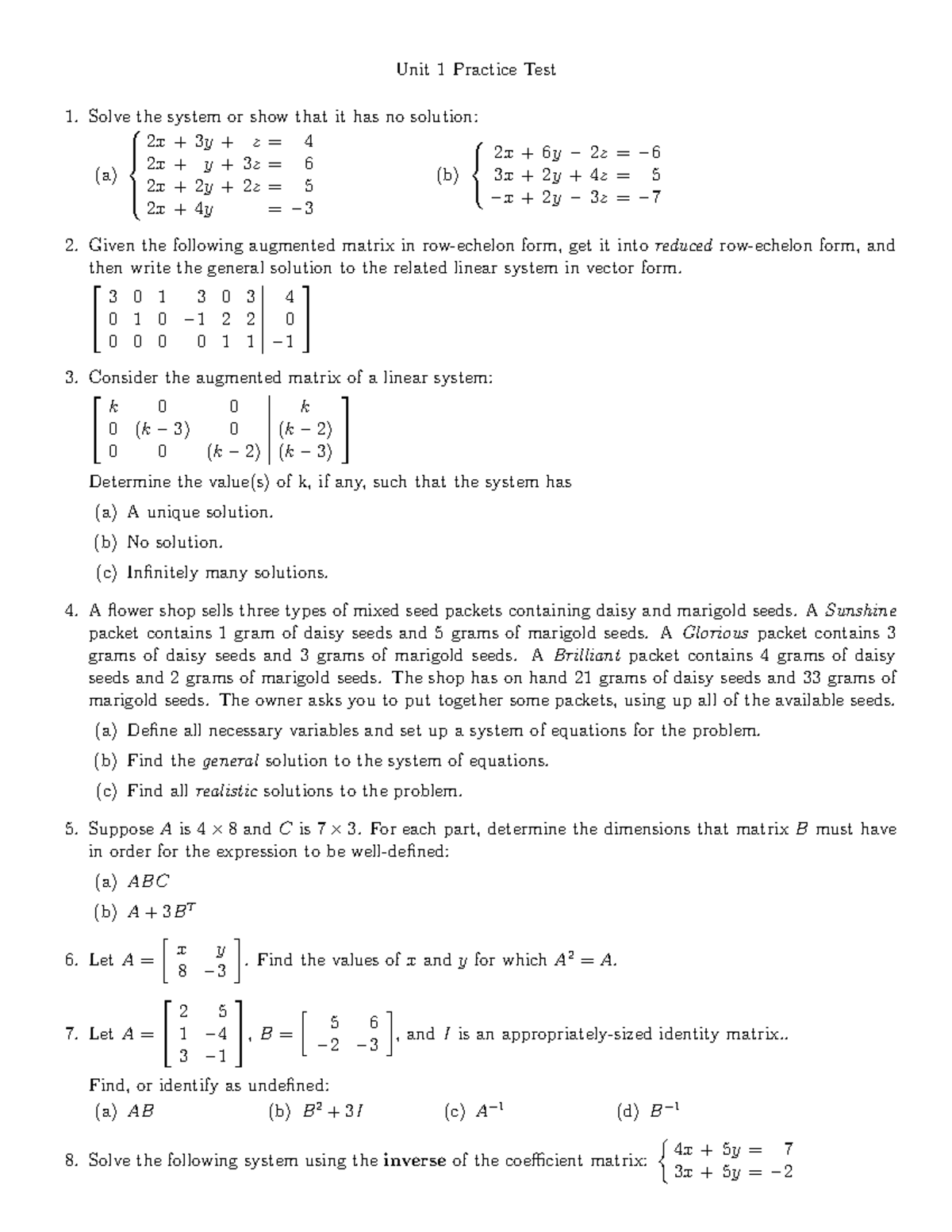 Unit1Practice Test - Q and A - Unit 1 Practice Test Solve the system or ...