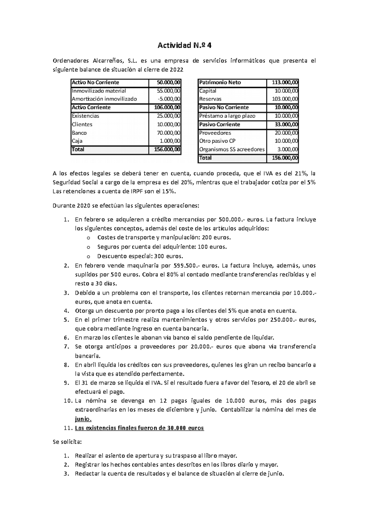 Actividad Nº 4 - Enunciado ejercicio T-4 - Actividad N.º 4 Ordenadores Alcarreños, S. es una ...