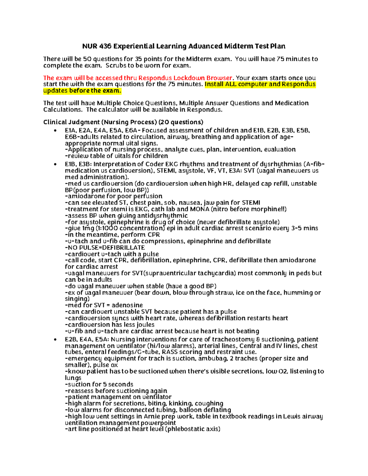 436 Midterm Testplan Spring 24 copy - NUR 436 Experiential Learning ...