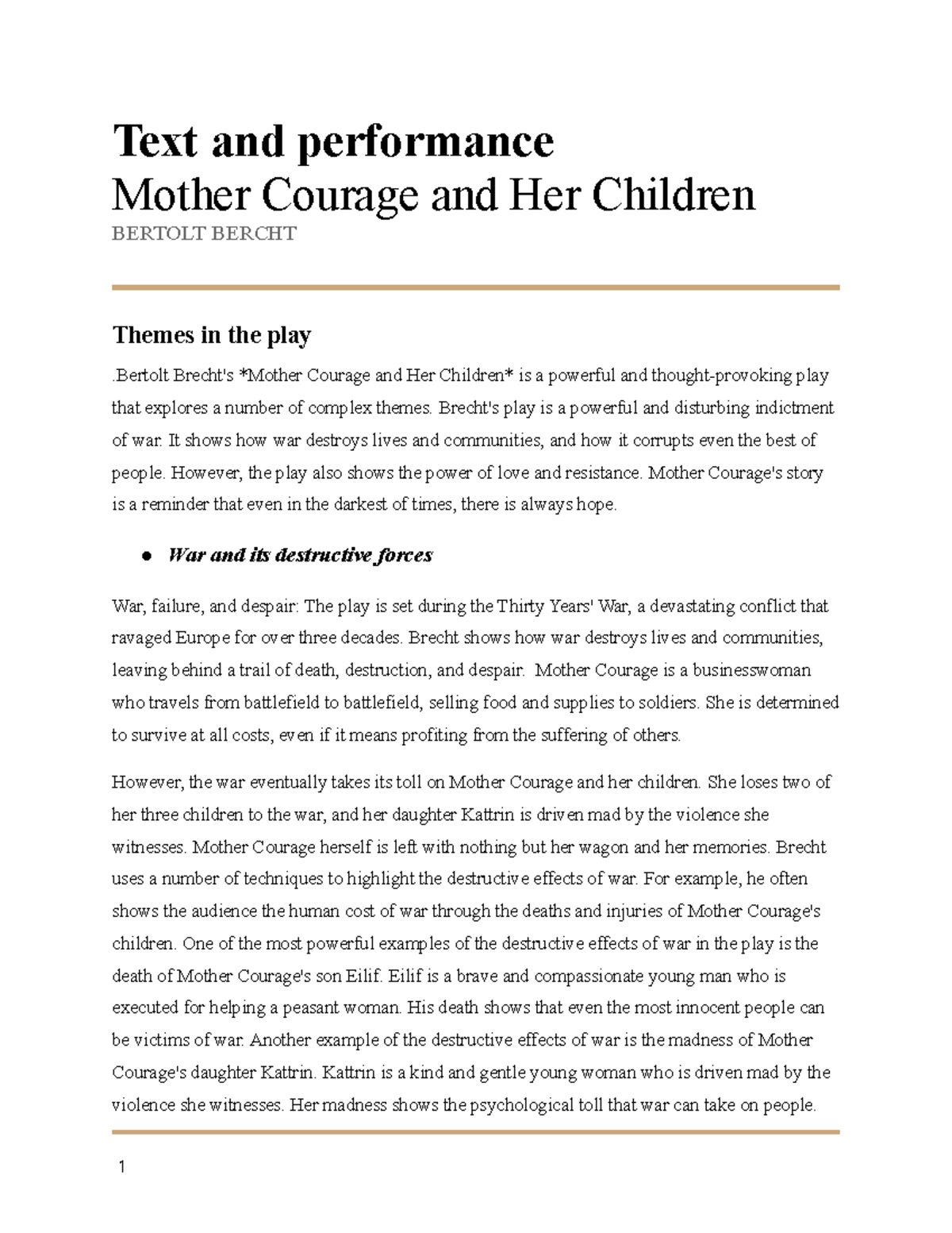 Themes of mother courage and her children - Text and performance Mother ...
