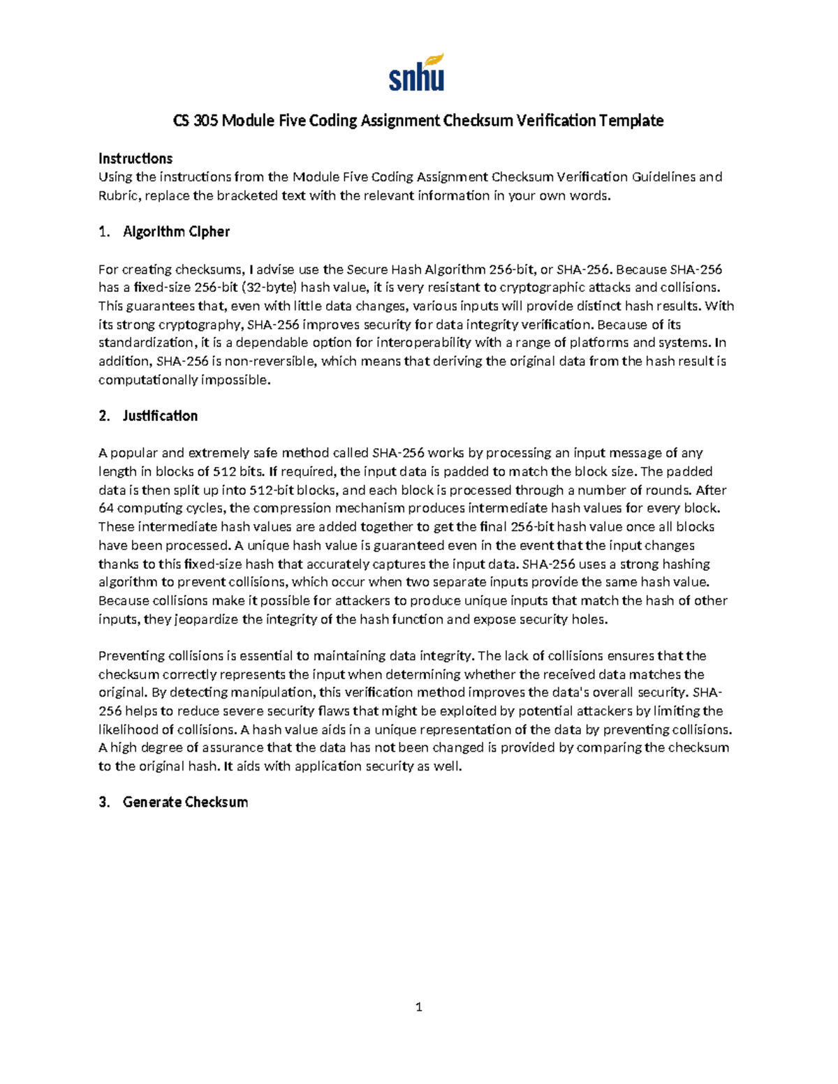 Cs 305 Module Five Coding Assignment Checksum Verification Template Algorithm Cipher For