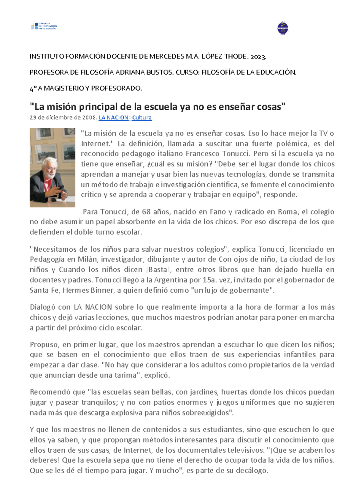 1. Tonucci Mision DE LA Escuela - INSTITUTO FORMACIÓN DOCENTE DE ...